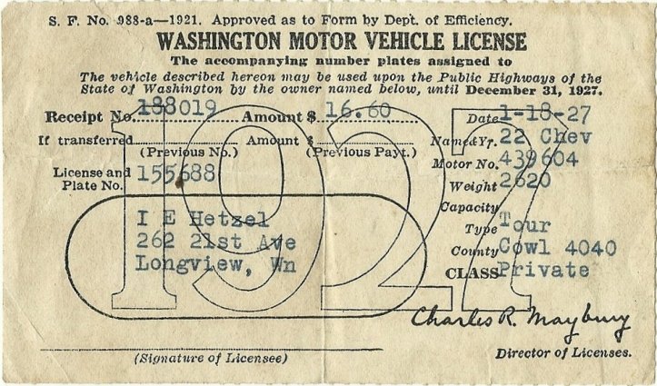 Vintage Washington State vehicle registration cards – Danny's License ...